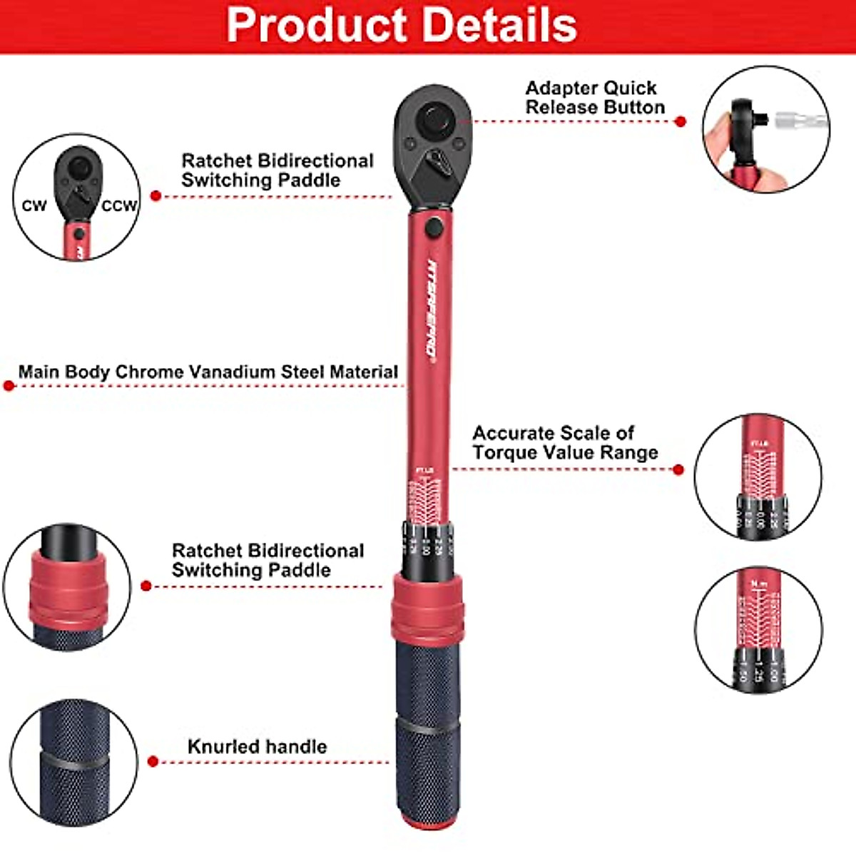 ATsafepro 3/8 Inch High Precision Torque Wrench, Red and Black, Chrome Vanadium Steel