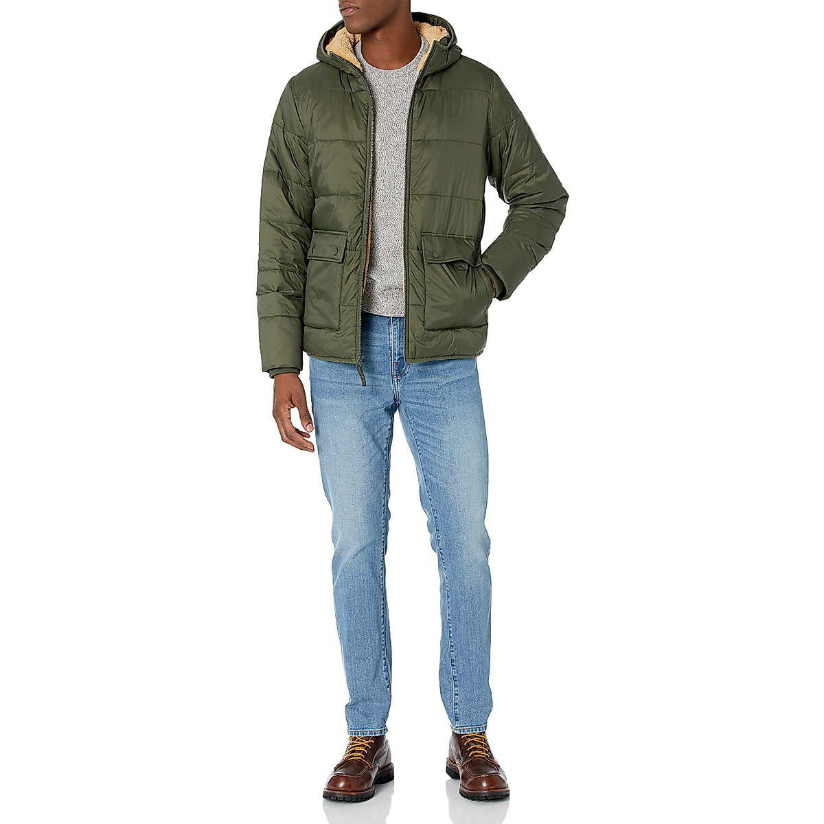 Amazon Essentials Men's Long-Sleeve Water-Resistant Sherpa-Lined Puffer Jacket, Dark Olive, Medium