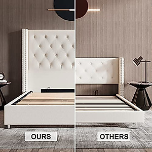 Jocisland King Size Beds Lift Up Storage Upholstered Bed Frame Wingback Headboard Hydraulic Storage/No Box Spring Needed/Cream