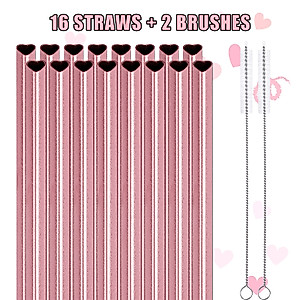 NiHome Reusable Straws 16 Pack, Stainless Steel Drinking Straws, Heart Shaped Metal Straw Bulks with 2 Cleaning Brushes for Smoothies Tumblers Cocktail MilkShake, Pearl Pink