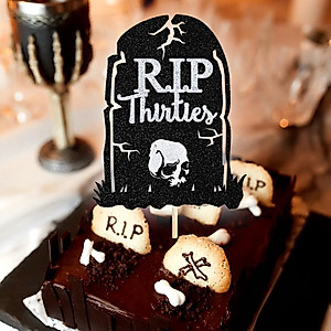 Rip Thirties Cake Topper, Death to My Youth/Rip to My 30th Cake Decor, Happy 40th Bithday Party Decoration Supplies, Black and Silver Glitter