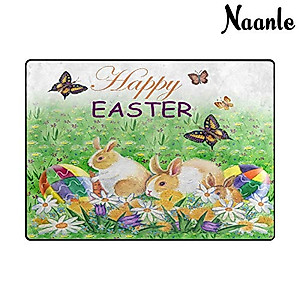 Naanle Easter Holiday Non Slip Area Rug for Living Dinning Room Bedroom Kitchen, 5' x 7'(58 x 80 Inches), Easter Rabbit Nursery Rug Floor Carpet Yoga Mat