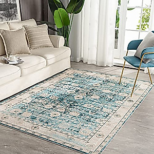 Syalife Washable Rug Vintage Area Rugs, 5'x 7' Living Room Rug with Non Slip Backing, Ultra-Thin Medallion Distressed Non-Shedding Rug, Vintage Floor Mat Indoor Rug USI001-57FG04GR