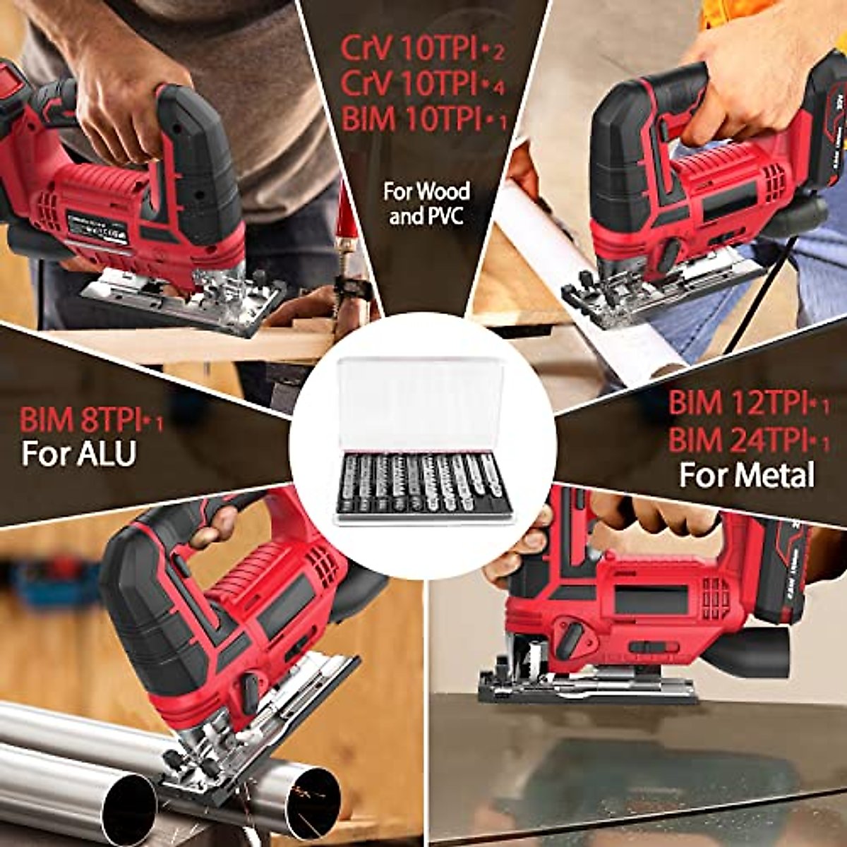 Jigsaw, 20V Cordless Jig Saws with LED, 10Pcs Blades, 4 Orbital Settings, Variable Speed, ±45° Bevel Cutting, Scale Ruler, Tool-free Blade Changing, Battery & Carrying Bag & Fast Charger Included（A）