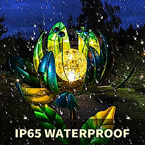 Solar Yard Lights Wind Spinners- Metal Lotus Flower Garden Decor LED Crackle Glass Globe Yard Art Sculpture Solar Stake Lights for Patio Pathway Lawn Walkway
