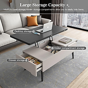GraceNook Grey Lift Top Coffee Table, Coffee Table Converts to Dining Table, Lift Top Coffee Table with Storage and Drawers for Living Room, Bedroom