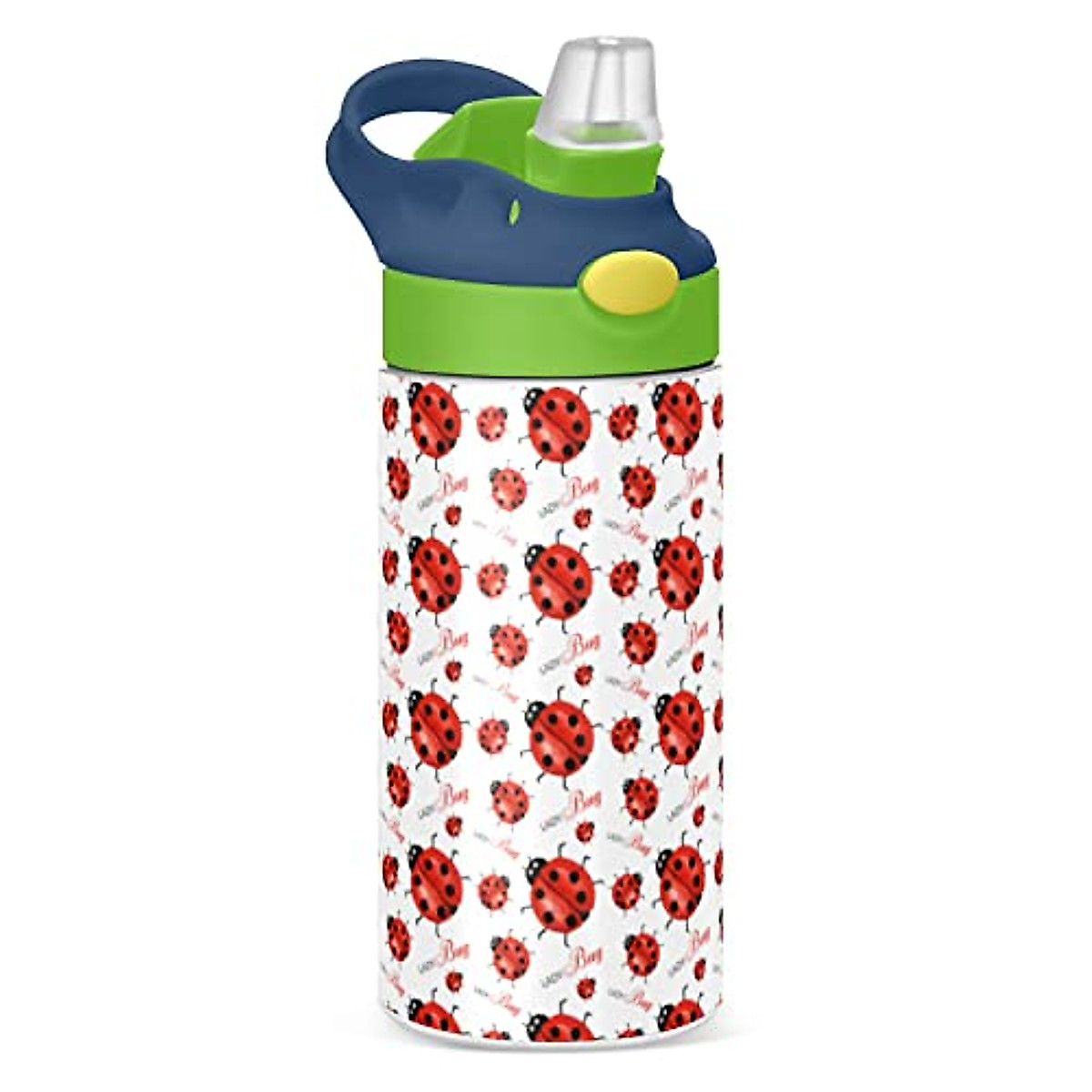 ALAZA Watercolor Funny Insects Ladybug Kids Water Bottles with Lids Straw Insulated Stainless Steel Water Bottles Double Walled Leakproof Tumbler Travel Cup for Girls Boys Toddlers 12 oz / 350 ml,Gree