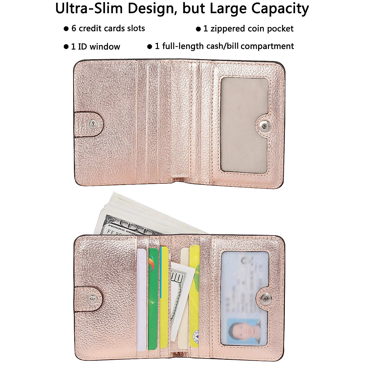 AINIMOER Women Leather Wallet RFID Blocking Small Mini Bifold Zipper Pocket Card Case Champaign Gold and Black Bundle