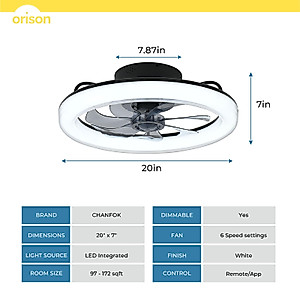 Orison 20'' Ceiling Fans with Lights, Low Profile Ceiling Fan with Light and Remote, Flush Mount Ceiling Fan with 6-Speed Reversible Blades and App Controlled, for Bedroom Living Room Kitchen (Black)