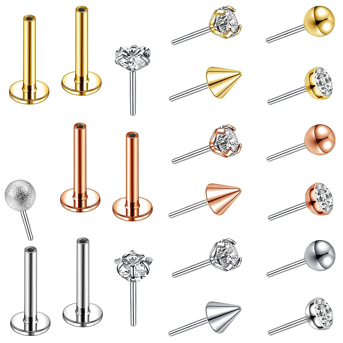 ZS 16G Push-in Lip Rings, Stainless Steel Pushin Forward Tragus Helix Earring, Threadless Labret Monroe Medusa Piercing Jewelry for Women Men (TS:3mm, L:6mm)