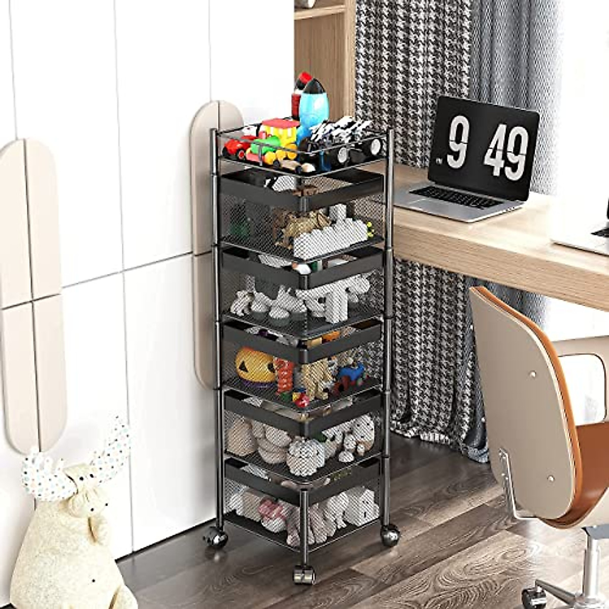 xinyourui Rotating Kitchen Storage Shelves Rack，Bathroom Organizer Metal Shelf，Fruit Basket for Kitchen，Rolling Cart with Wheels，Spice Drawer Organizer(Black, 5 Tier-Square)