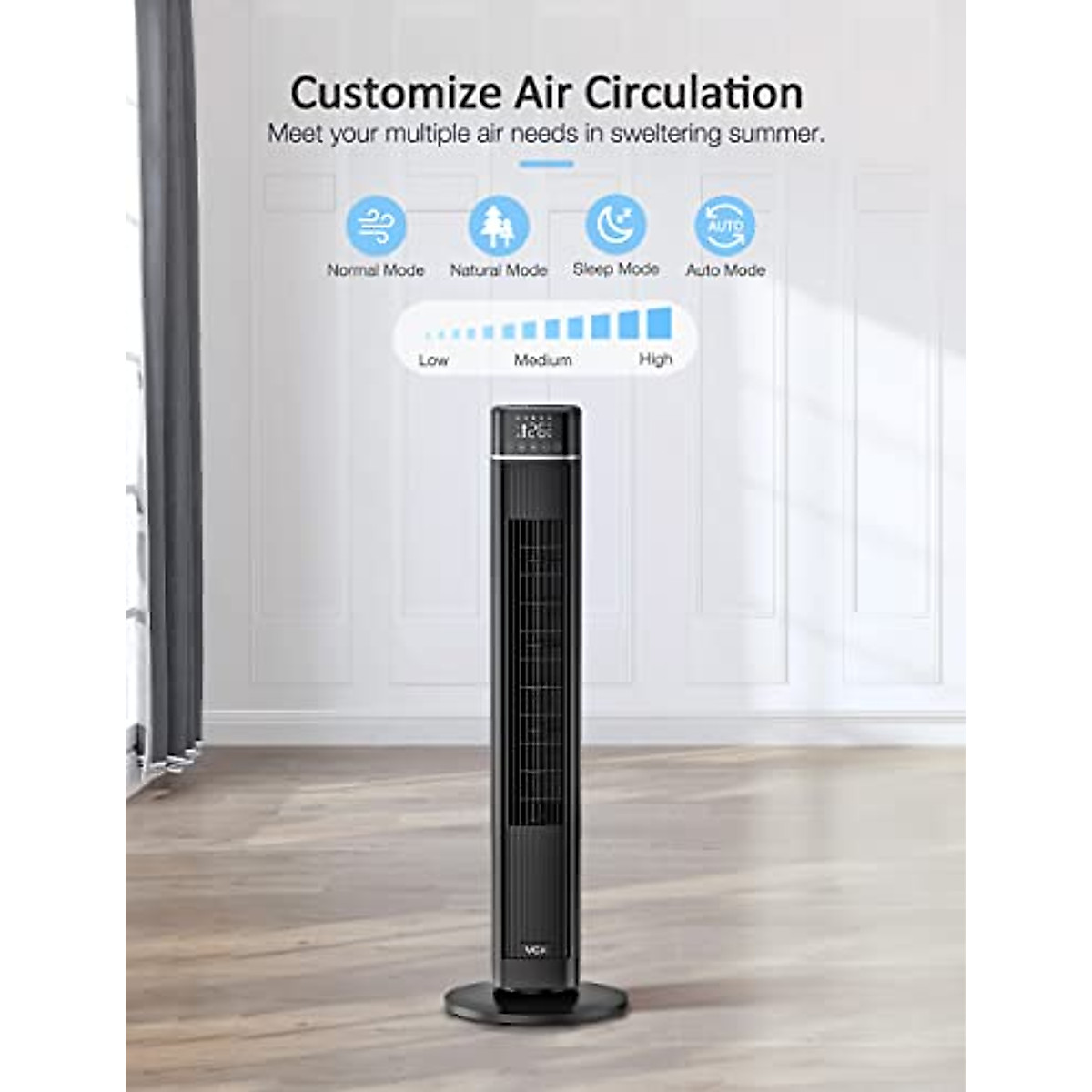 VCK Tower Fan for Bedroom,90° Oscillating Fan with 26ft/s Velocity,40" Cooling Floor Fan with Smart Remote,Touch Control,3 Speeds,4 Modes,12H Timer,Quiet Bladeless Standing Fan for Home,Office