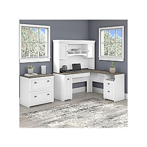 Bush FV003G2W 60-Inch L-Shaped Desk w/Hutch, Lateral File Cabinet Shiplap Gray/Pure White