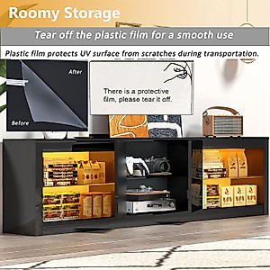 Vinctik 6&Fox 70 Inch Led TV Stand for 80/75 Inch TV, Modern Black Entertainment Center with Adjustable Glass Shelves Two Cabinets, Gaming High Gloss TV Stand with Led Light for Living Room,Black