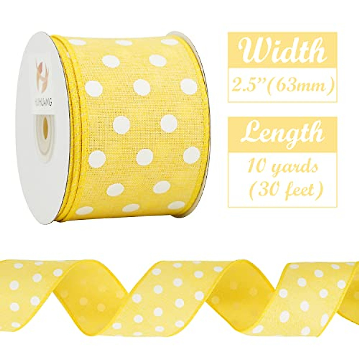 HUIHUANG Yellow Polka Dot Burlap Ribbon Wired Edge Ribbon 2.5 Inch X 10 Yards Summer Lemon Sumflower Wreath Ribbon with Wire for DIY Crafts Party Gift Wrapping Decoration Wreath Bow Home Decoration