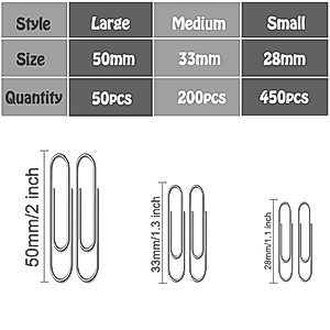 Paper Clips Assorted Sizes, Viemior 700pcs Paper Clips Paperclips for Paperwork - Large Paper Clips, Medium and Small Paper Clips (50 mm, 33mm & 28 mm) - Silver
