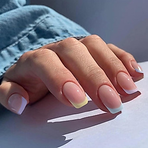 KXAMELIE Glossy Nude Glue on Nails Press On, Made by Gel with Colorful French Tips Short Nails Designs, 24PCS