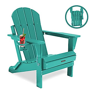 MUCHENGHY Folding Adirondack Chairs, Patio Chairs, Lawn Chairs, Outdoor Chairs, Adirondack Chair Plastic, Fire Pit Chairs, Weather Resistant with Cup Holder for Deck, Backyard, Garden(Lake Blue)