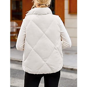 MEROKEETY Womens Puffer Vest Sleeveless Zip Up Quilted Coat Lightweight Stand Collar Gilet Jacket With Pockets White Large