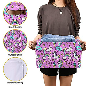 Mazeann Donuts Rainbow Unicorn Storage Basket Bin Collapsible Foldable for Clothes Toys Storage Cabinets Solid PE Waterproof Fabric Storage Box PU Leather Handle 15 x 11 x 9.5 inches 2PCS