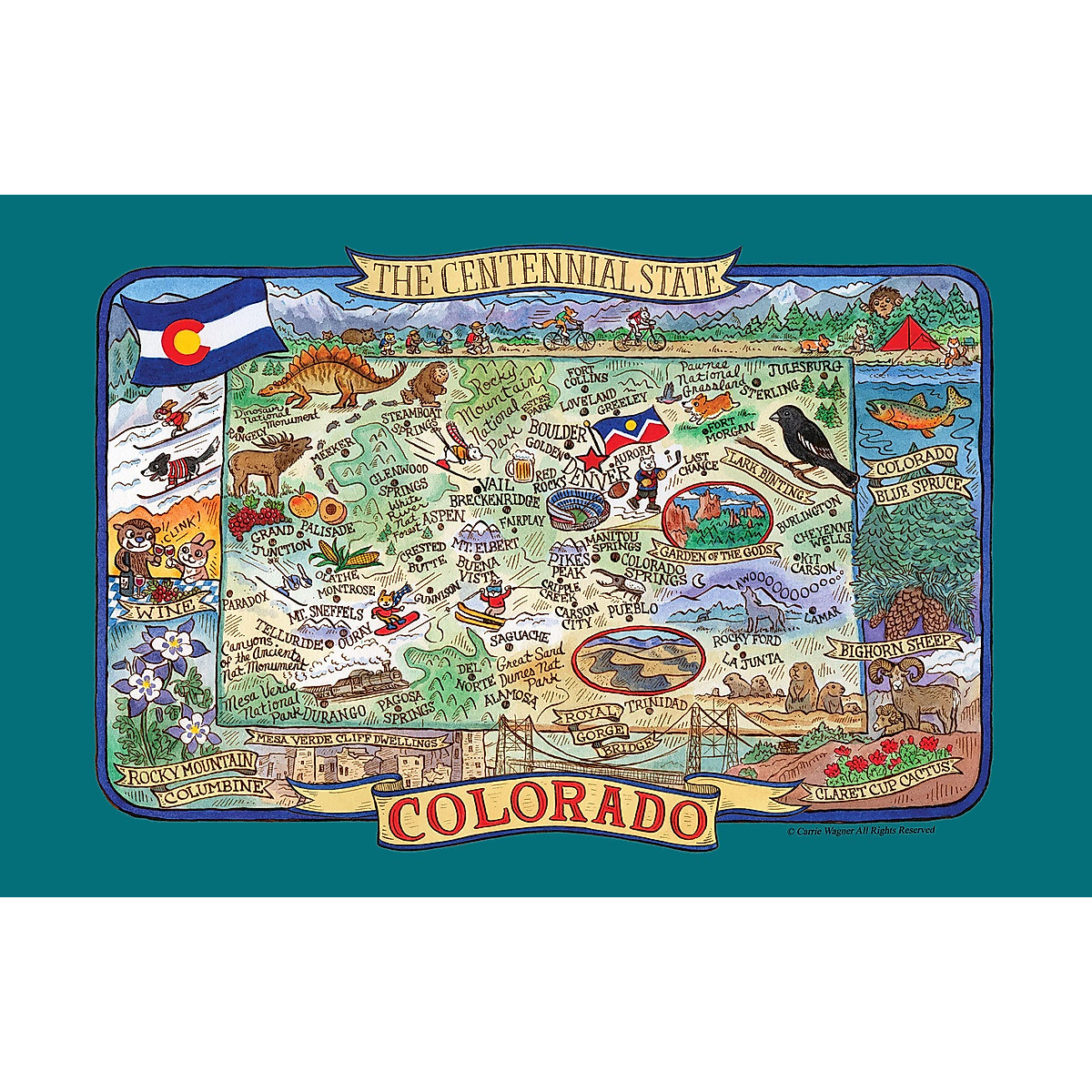 Kay Dee Colorado Tea Towel The Centennial State Adventure Destinations Souvenir Pictorial Poster Style Map Kitchen Towel,Multicolor,18 in x 28 in