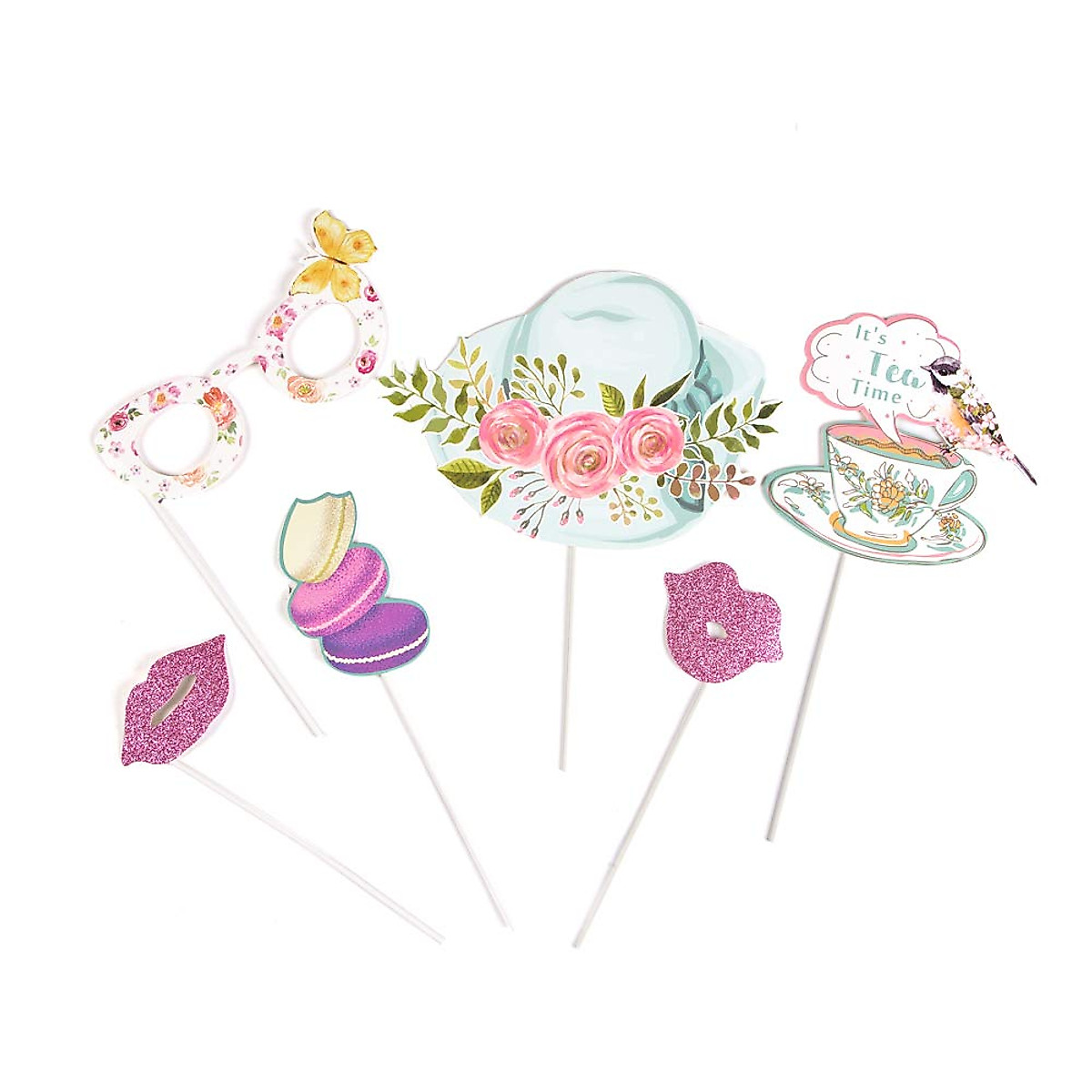 SUNBEAUTY 14 Pcs Tea Party Photo Booth Props Tea Party Decorations Alice in Wonderland Party Supplies Garden Party Bridal Shower for Girls Women