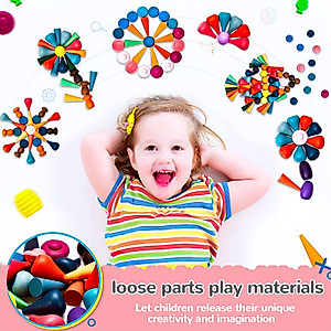 Loose Parts Play Materials Set Wooden Mandala Toys Kit Wood Sensory Play Toys 27 Rainbow Color 7 Shapes Loose Parts for Teens Students Early Learning Materials (81)