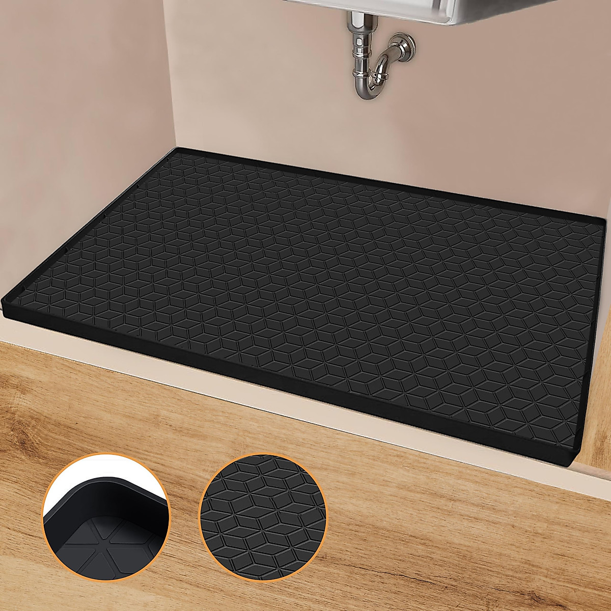 Silicone Under Sink Mat for Kitchen - Premium Under Sink Organizer Mat for Cabinet Liner - Flexible Drip Tray - Waterproof Under Sink Protectors Mat - 34 x 22 Inches Black