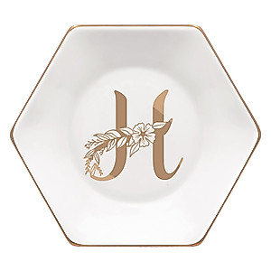 CARAKNOTS Jewelry Tray for Women Ceramic White Ring Dish Birthday Engagement Wedding Valentines Gifts for Her Jewelry Dish for Rings Earring Necklace Monogram Initial Decorative Trinket Plate Letter H
