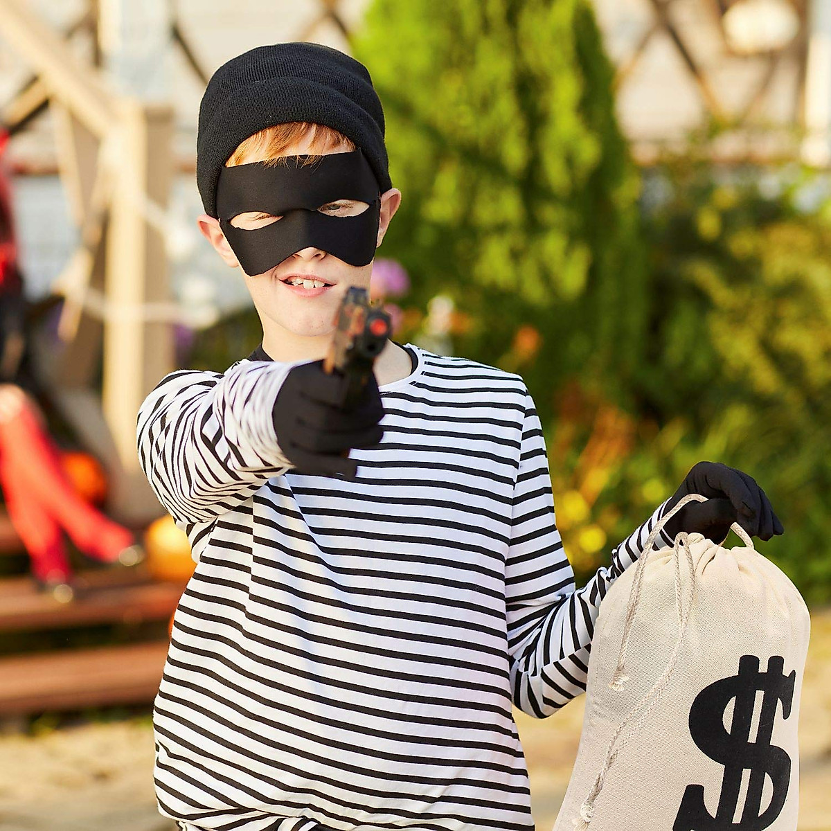 YAROMO 4 Pieces Robber Costume Set, Include Canvas Dollar Sign Money Bags Bandit Eye Mask Knit Beanie Cap for Halloween Cosplay Burglar Theme Party