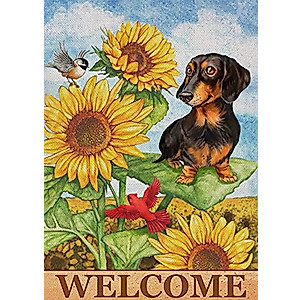 Furiaz Welcome Fall Dog Sunflower Small Decorative Garden Flag, Autumn Puppy Yard Cardinal Chickadee Outside Decorations, Spring Summer Burlap Outdoor Decor Double Sided 12 x 18