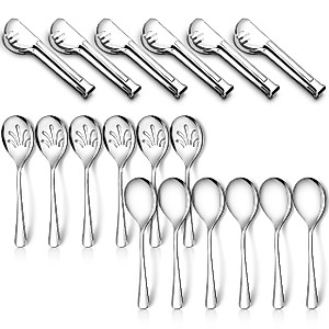 Teivio Stainless Steel Serving Utensils Set, Include Large Set of 18 Pieces - Serving Spoons, Slotted Spoons and Serving Tongs, for Catering/Buffet/Chafing Dish (Silver)