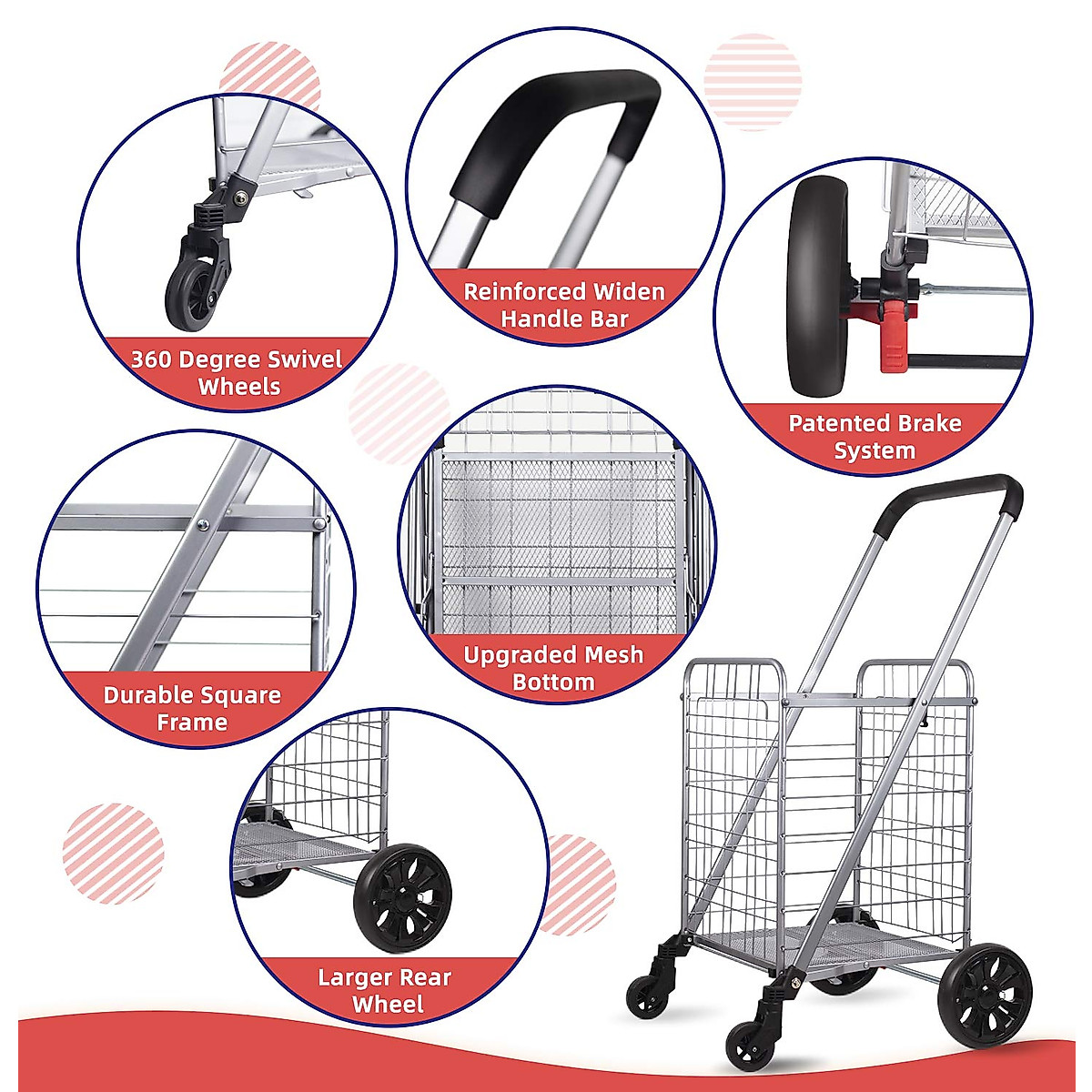 OmniRolls Grocery Shopping Cart with Swivel Wheels, Folding Shopping Cart with Wide Cushion Handle, Mesh Bottom and Brake System, Silve,