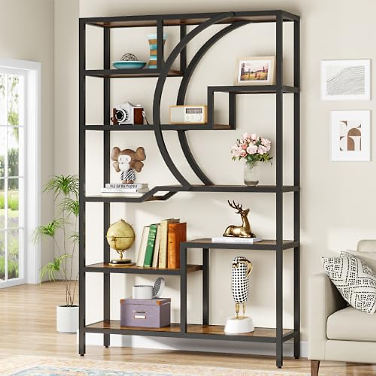 Tribesigns 69" Tall Bookshelf, Industrial 6-Tier Etagere Bookcase, Freestanding Open Book Shelves, Wood Storage Display Shelving Unit with 9 Open Shelves for Home Office, Rustic Brown