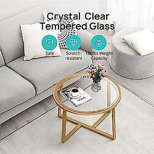 Evajoy Round Glass Coffee Table, 27.6" Gold Coffee Table with Tempered Clear Glass Surface for Living Room, Simple & Modern Center Circle Coffee Table for Small Space, Easy Assembly