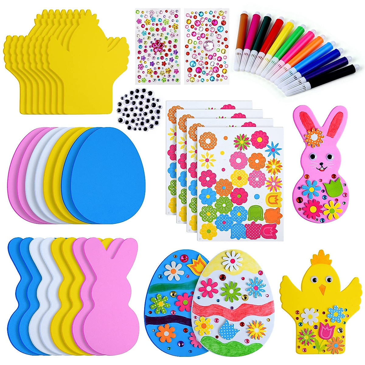 ELECLAND 208 Pcs Easter Foam Stickers Set Easter Bunny Chick Flower Egg Foam Stickers for Easter Crafts with Rhinestones Colored Pen Easter DIY for Girls Boys Easter Home Activities