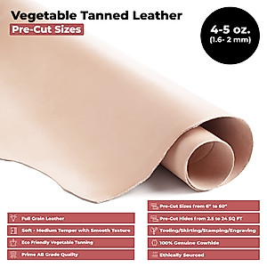 ELW Full Grain Cowhide Leather 4-5 oz [1.6-2mm] Thickness in Pre-Cut Size: 4-6 SQ FT, AB Grade Hide Vegetable Tanned Leather Using for Tooling, Carving, Molding, Dyeing Material for Craft, Hobby