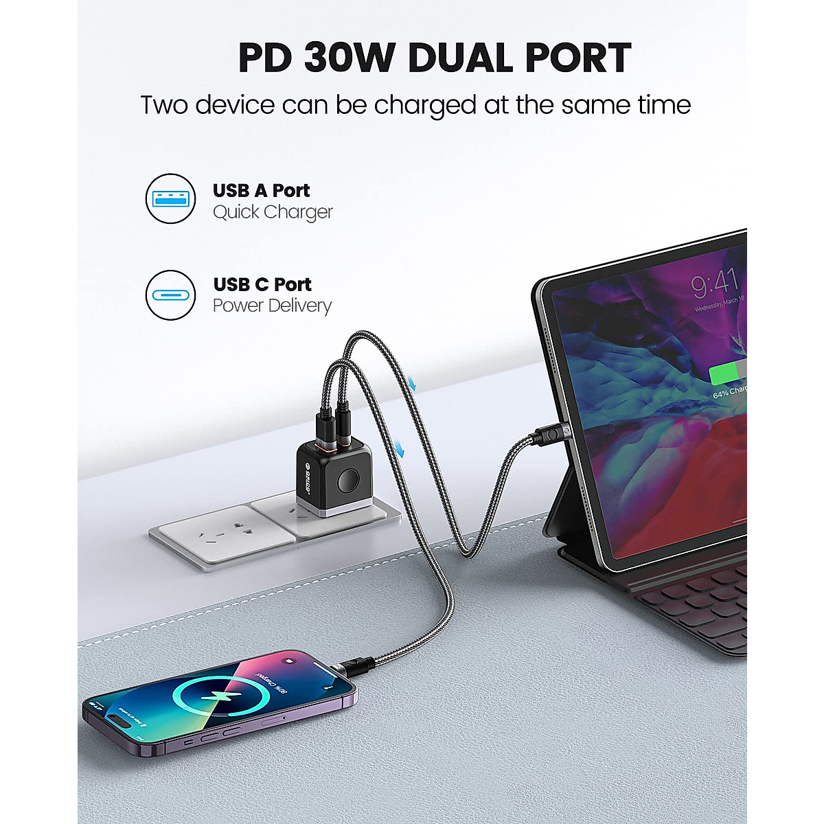ORICO GaN USB C Charger with USB C Cable, 30W Power Delivery + QC3.0 USB A Double Port Fast Charging Adapter, Mini Wall Charger Compatible with iPhone 14 13 12 Pro Max Galaxy, iPad, MacBook Air