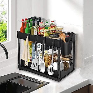 Under Sink Organizers and Storage, Adjustable Height Sliding Under Bathroom Cabinet Storage Organizer, 2 Tier Under Kitchen Sink Organizer with 4 Hooks, 4 Hanging Cup for Bathroom, Kitchen (Black)