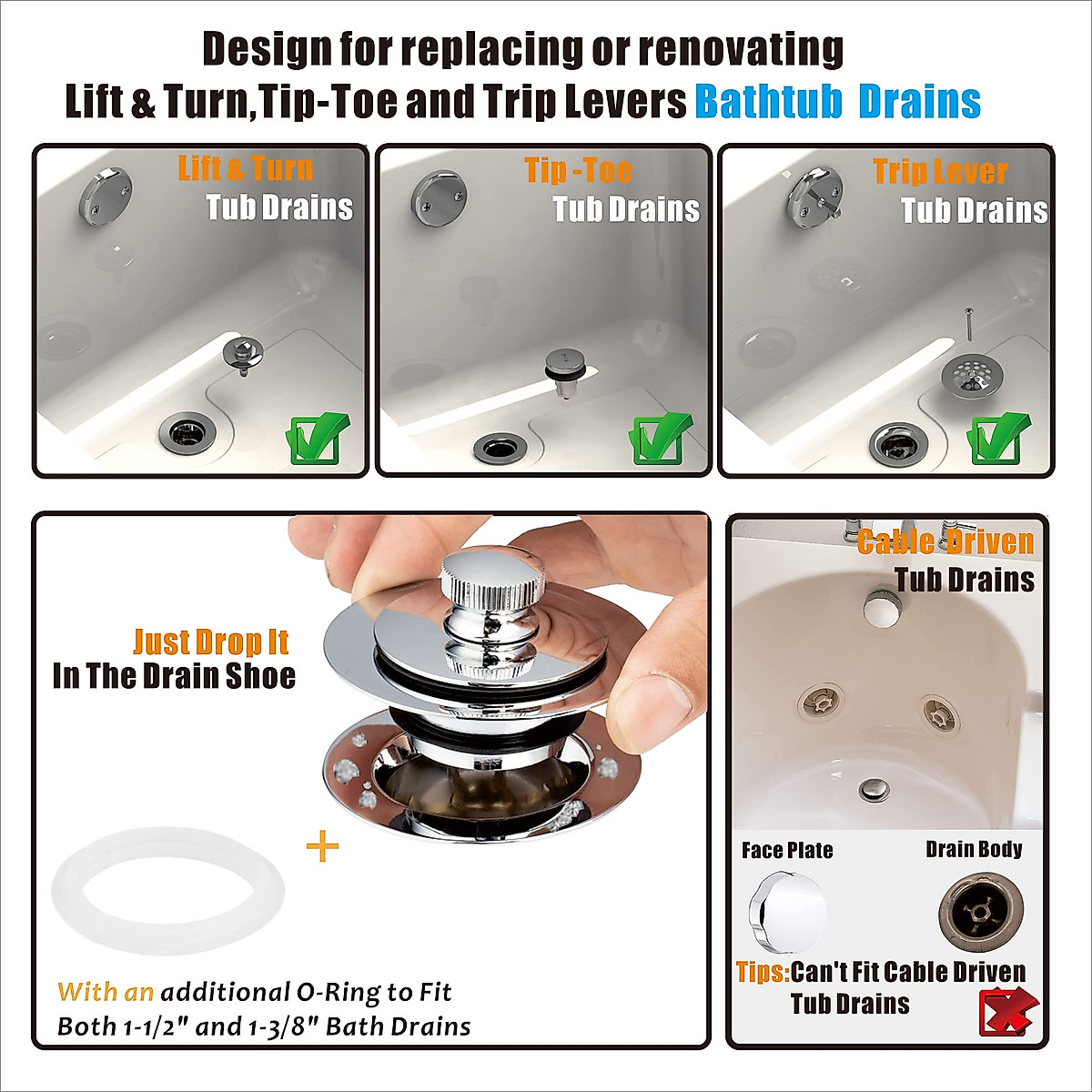 Artiwell Universal Lift and Turn Bath Drain Stopper and Cover, Bathtub Drain Stopper, Replaces Lift and Turn, Tip-Toe and Trip Lever drains for Tub, EZ Installation and Clearing (Chrome Plated)