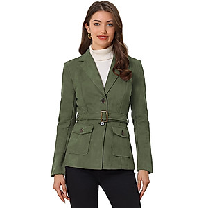 Allegra K Women's Faux Suede Blazer Belted Lapel Outwear Single Breasted Work Jacket Medium Army Green