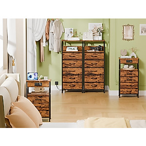 Furnulem Night Stand with Charging Station, Small Bedside Table with Wood Shelf, End Table with USB Ports & Outlets, 3 Fabric Drawers Side Table for Bedroom, Closet, 3 Ways to Use, Rustic Brown