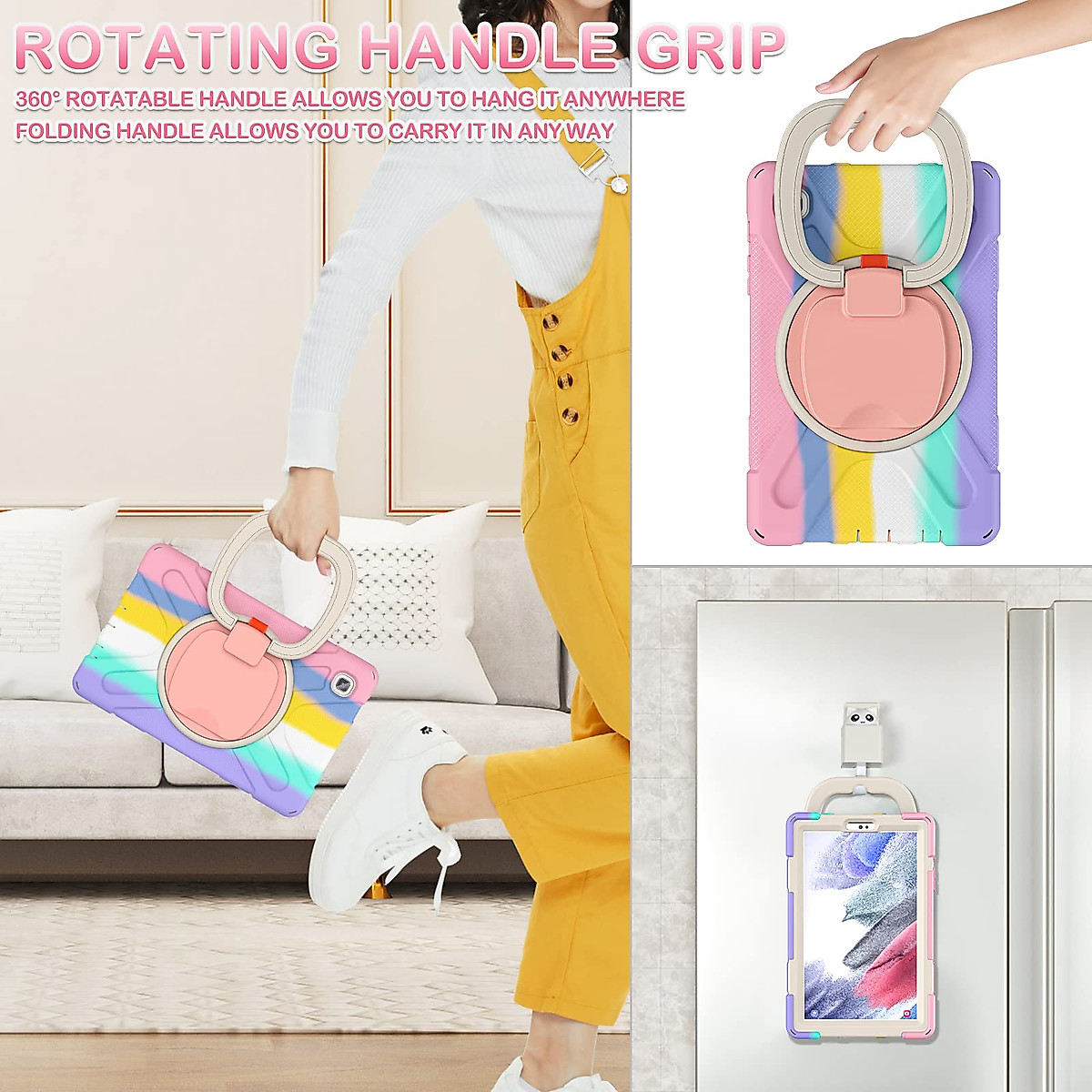 BATYUE Case for Samsung Galaxy Tab A7 Lite;Galaxy Tab A7 Lite Case 8.7 inch 2021 Released( SM-T220/SM-T225)Protective Case for Kids with Pencil Holder,360° Swivel Stand,Shoulder Strap - Colourful Pink