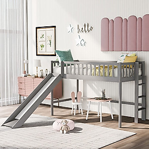 Merax Twin Wood Junior Low Loft Bed Frame with Slide Loft Bed with Full Length Guardrails for Kids Girls Boys,Gray