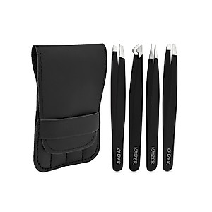 Professional Stainless Steel Tweezer Set for Eyebrows - Precision Tweezers for Ingrown Hair, Blackhead & Splinter | 4 Pcs, Black, 3.5 x 4.5 x 0.50 (KZR-01)