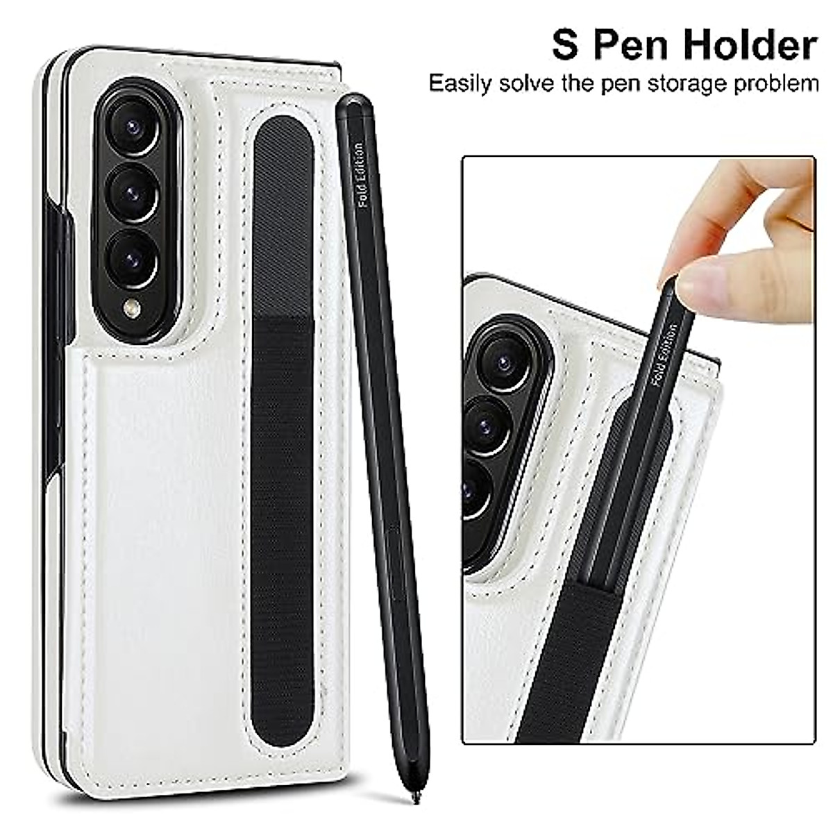 LBYZCASE Galaxy Z Fold 5 Wallet Case with S Pen Holder,Double Magnetic Clasp Kickstand Durable Shockproof Phone Case Cover with [RFID Blocking] Card Slots for Samsung Galaxy Z Fold 5 (White)