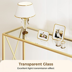 SUPERJARE 70 Inch Console Table with LED Light Strips, Gold Entryway Table with Tempered Glass, Sofa Table, Hallway Table for Entryway, Rubber Pads, for Living Room, Front Door, Gold