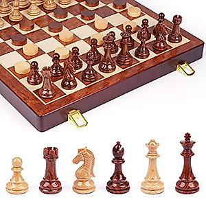 2 in 1 Acrylic+Metal Chess and Checkers Game Set- Travel Portable Chess Set for Adults & Kids Including 24 Wooden Checkers, Complete Chess Pieces Folding Wooden Chess Board Set - Durable Chess Sets