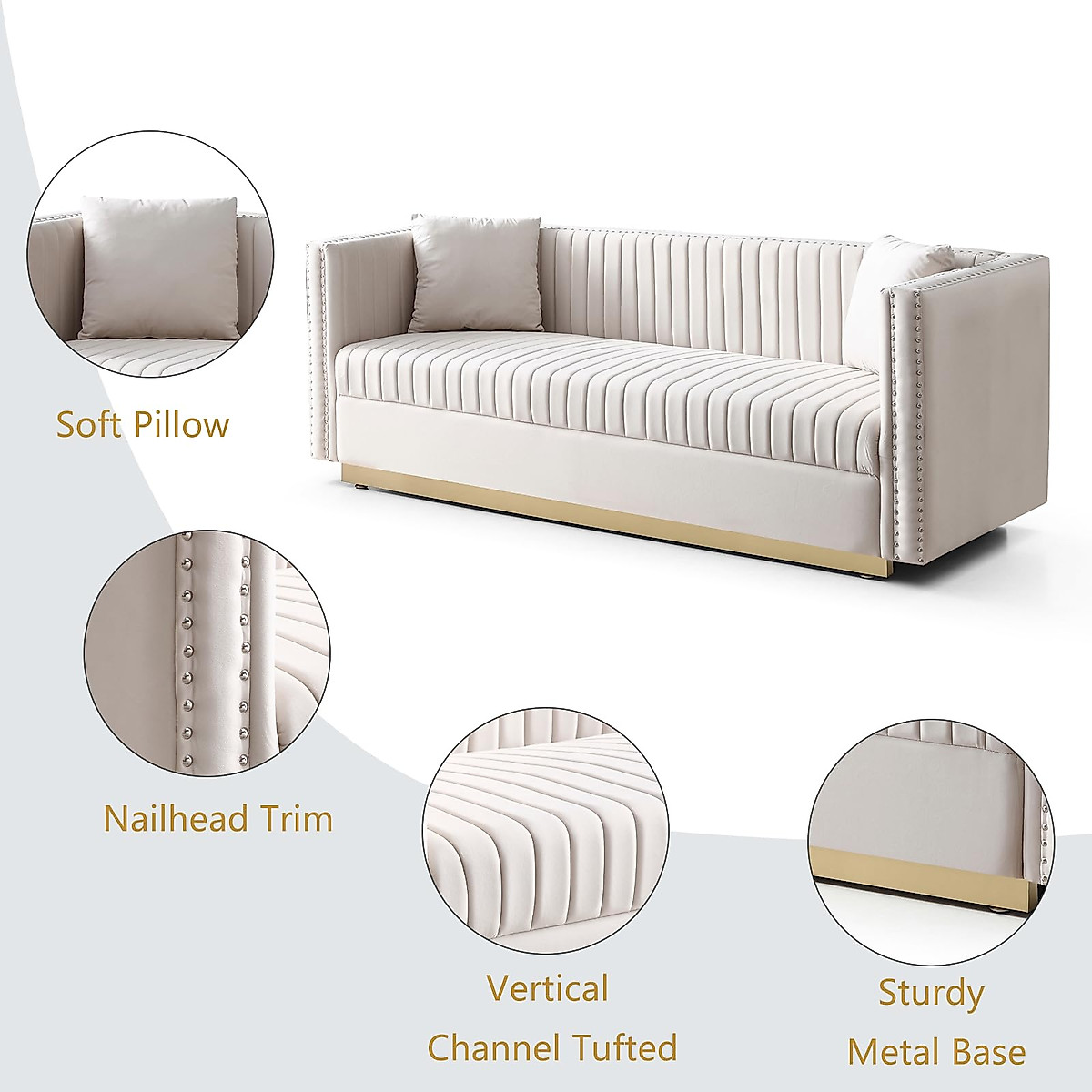 Homtique Velvet Couch, Modern Vertical Channel Tufted Comfy Sofa Couch with Nailhead Trim Square Arms and 2 Pillows, 3 Seater Couchs for Living Room, Apartment(Beige)