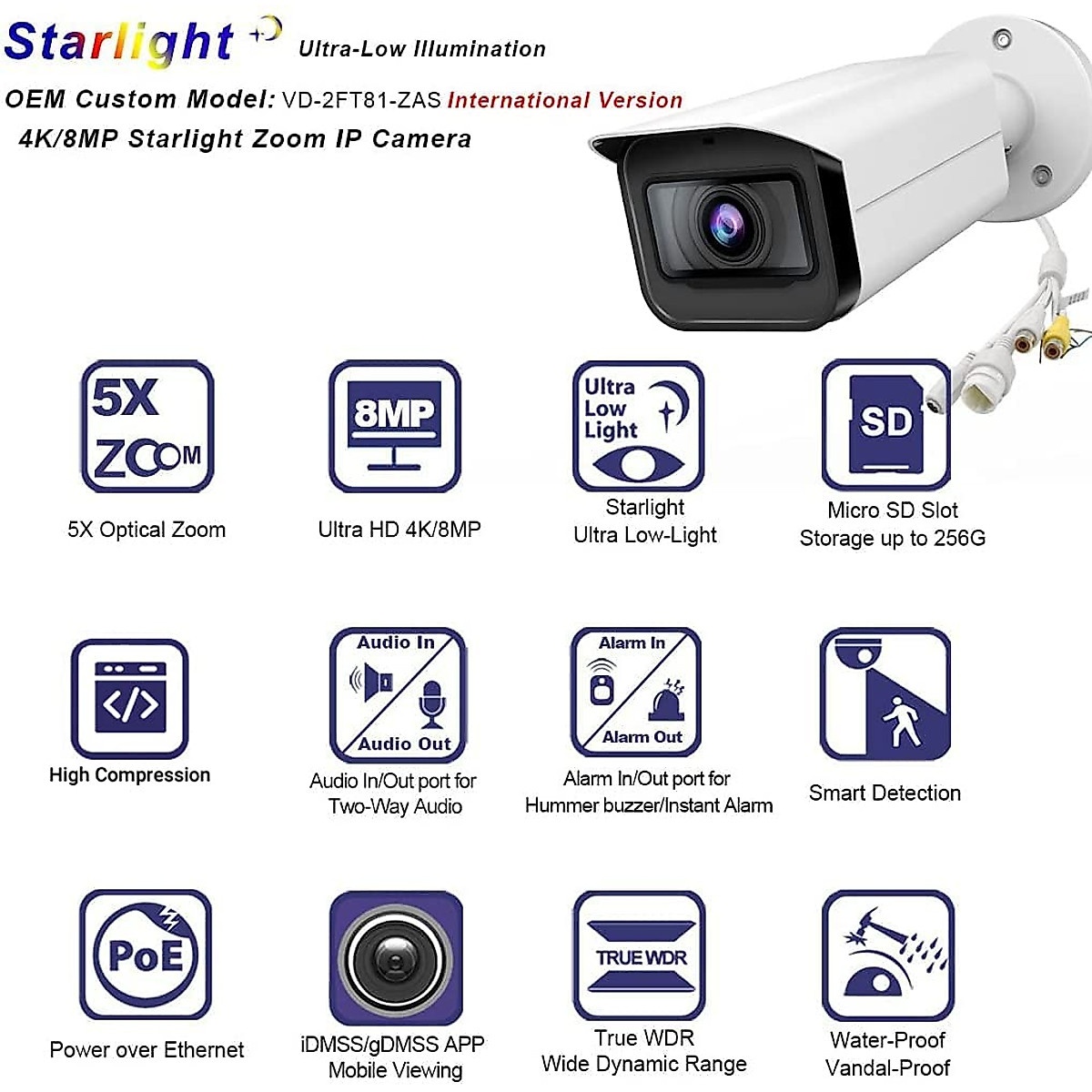 Starlight 8MP Poe Camera, 5X Optical Zoom with 196ft Night Vision, Audio Alarm in/Out Ports for Two-Way Audio Instant Alarm, SD Card Slot,WDR,IP67, 4K Security IP Camera(NO Logo)